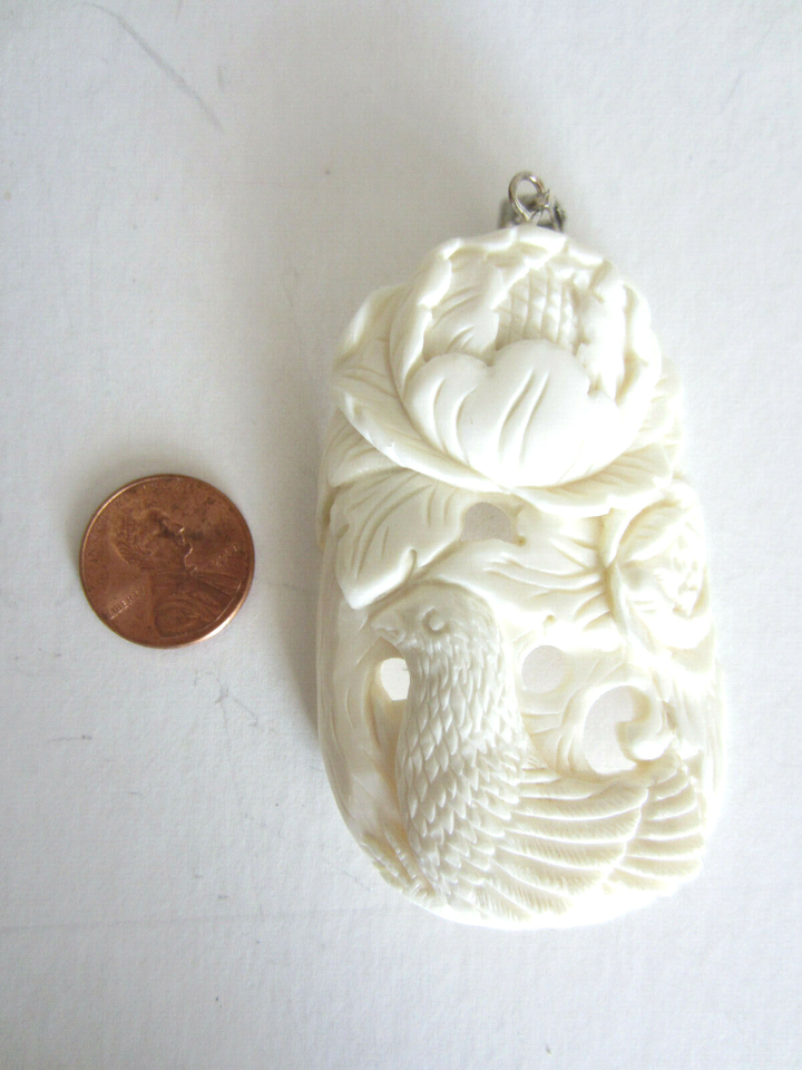 Handcarved Lotus and Dove Asian Netsuke Pendant | eBay