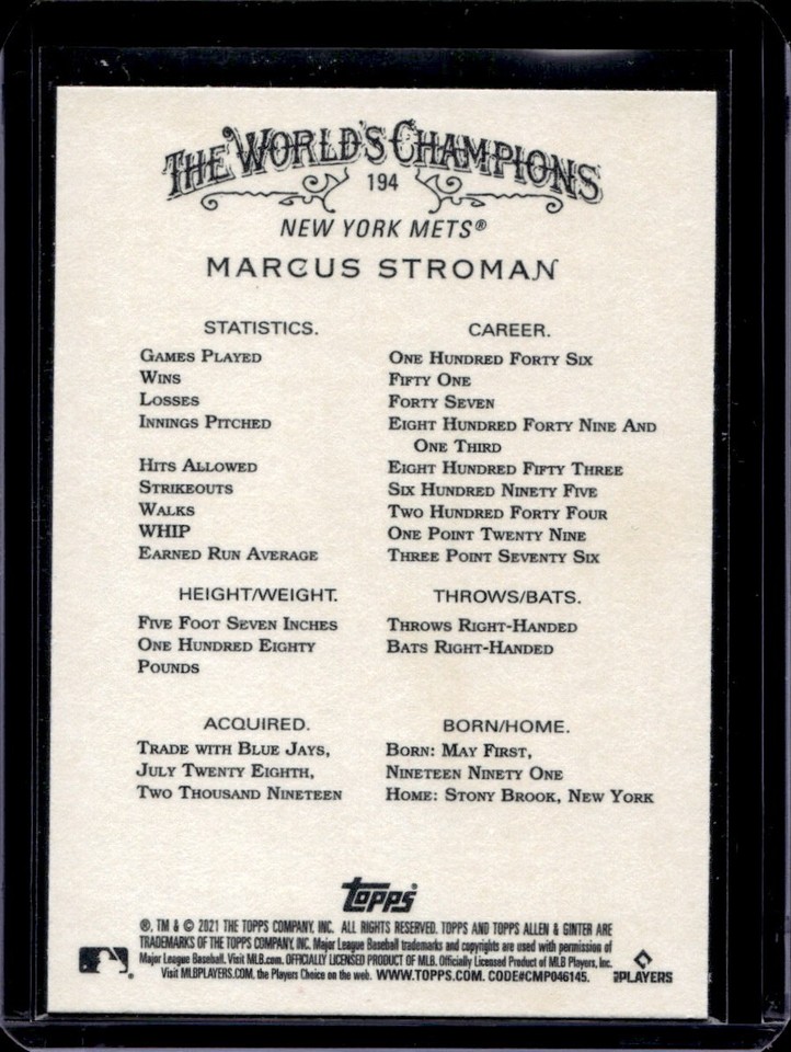 Marcus Stroman 2021 Topps Allen & Ginter - #194 - New York Mets | eBay