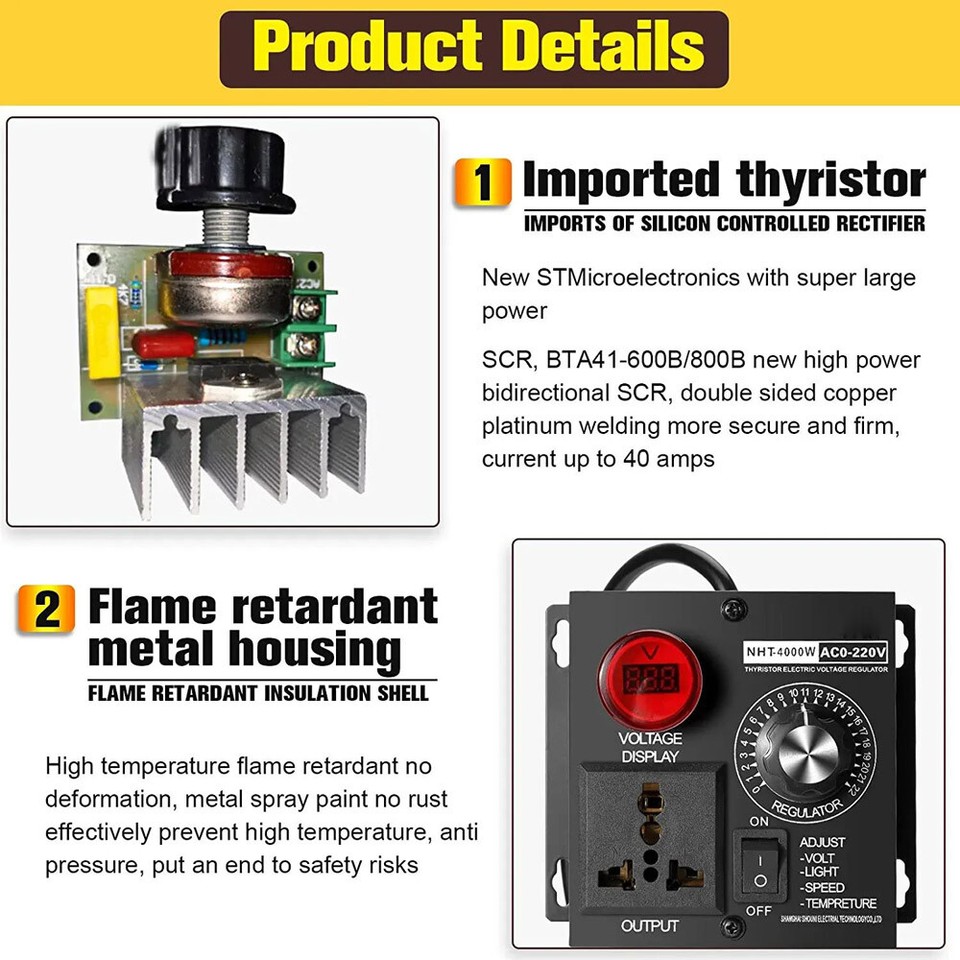 AC 120V~220V 4000W SCR Motor Speed Controller Volt Regulator Thermostat ...