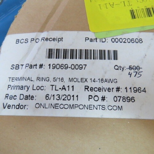 Molex 19069-0097 Qty of 225 per Lot TERMINAL RING 5/16 14-16GA NONINS ...