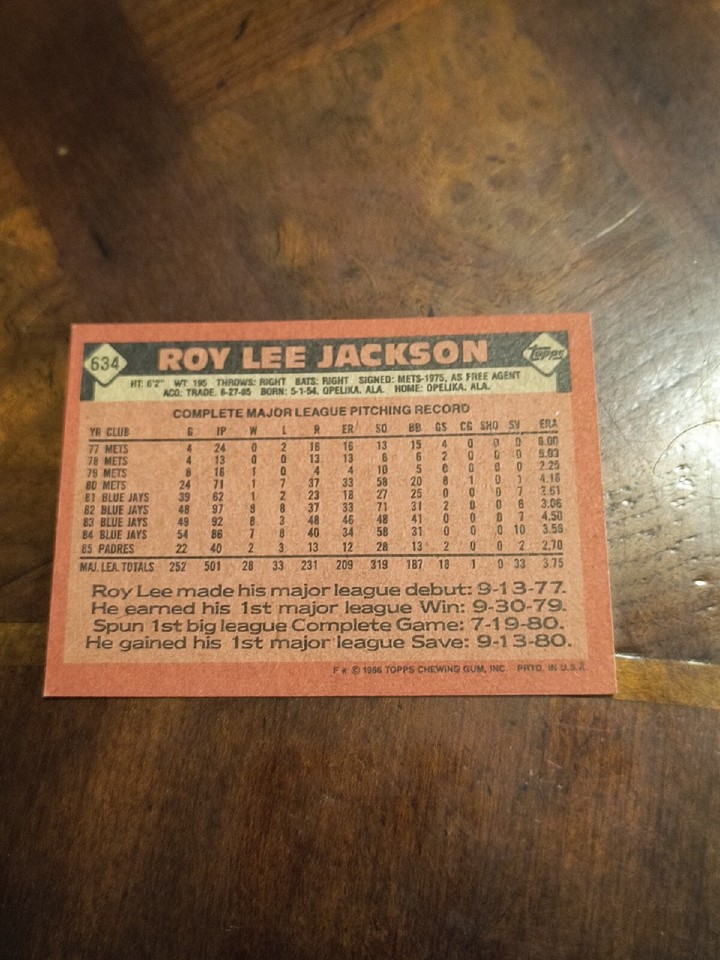 ROY LEE JACKSON 1986 TOPPS #634 FREE SHIPPING | eBay
