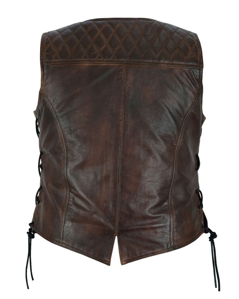 Distressed Brown Women's Leather Vest Motorcycle Biker Diamond Cuts ...
