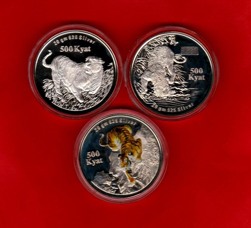 BURMA MYANMAR SILVER PROOF 3 x 500 KYAT 1998 TIGER | eBay