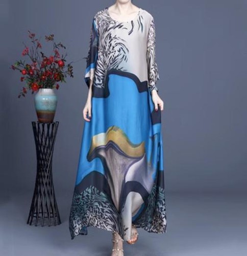 Womens Silk Print Floral Maxi Dress Kaftan Round Neck Loose Robe New ...