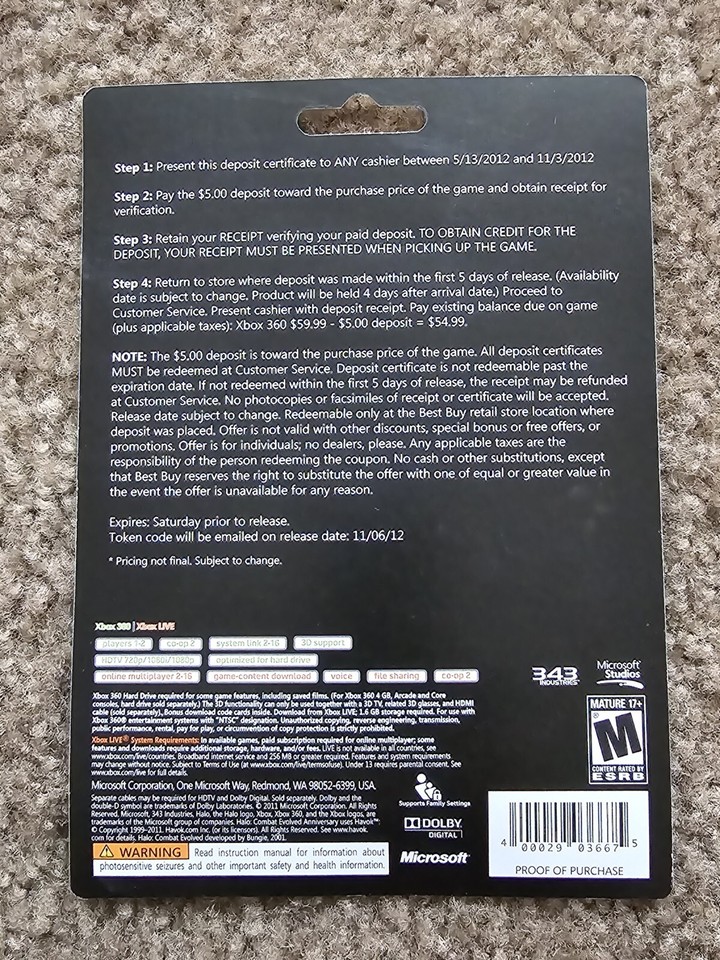 HALO 4 PRE-ORDER CARD SHOWING VENATOR RAPTOR ARMOR AND DEADEYE HELMET ...