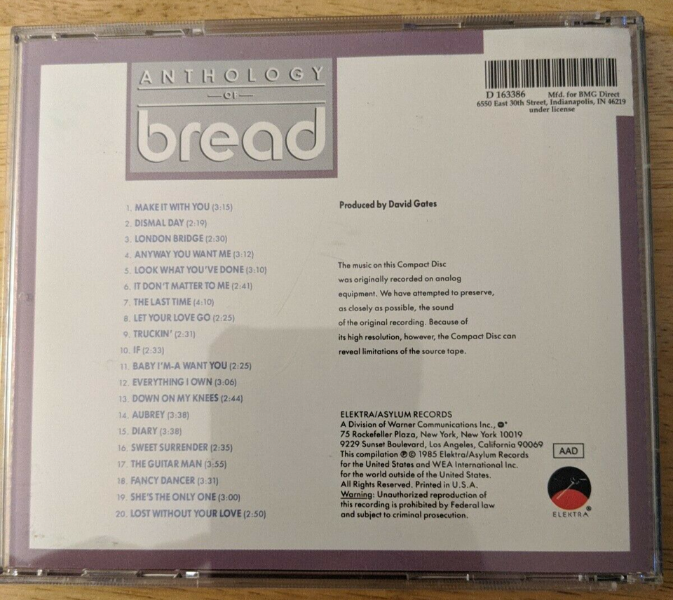 Anthology by Bread (CD, 1990) BMG Record Club Edition 75596041423| eBay