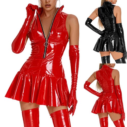 Fashionable Sleeveless PVC Wet Look Leather Flared Skater Dress for ...