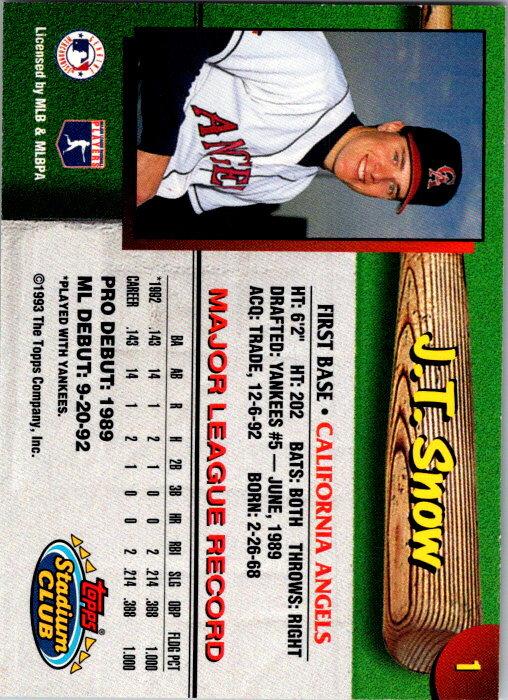 J.T. Snow 1993 Stadium Club California Angels #1 Baseball Card | eBay