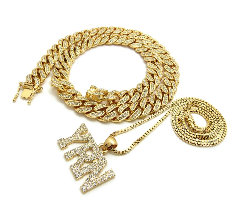 NEW HIP HOP FULL ICE MIGOS 20" ICED CUBAN CHAIN & YRN CHAIN SET GOLD ...