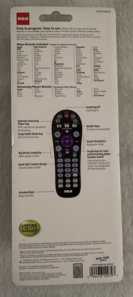 RCA Universal Remote Control RCR414BHE New In Package Streaming ...