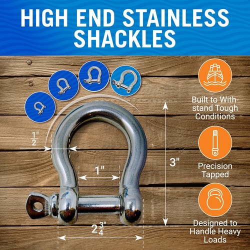 Premium Stainless Steel D Ring Shackles 1/2 inch 3/8, 5/16 or 1/4 Mini ...