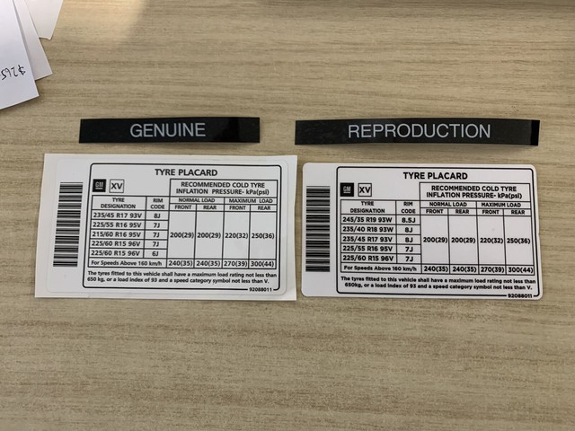 VN VP VR VS VT VX VY VZ Commodore Tyre Placard Decal Genuine Holden for ...