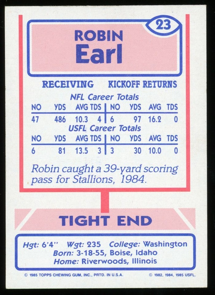 1985 Topps USFL Robin Earl Card #23 | eBay