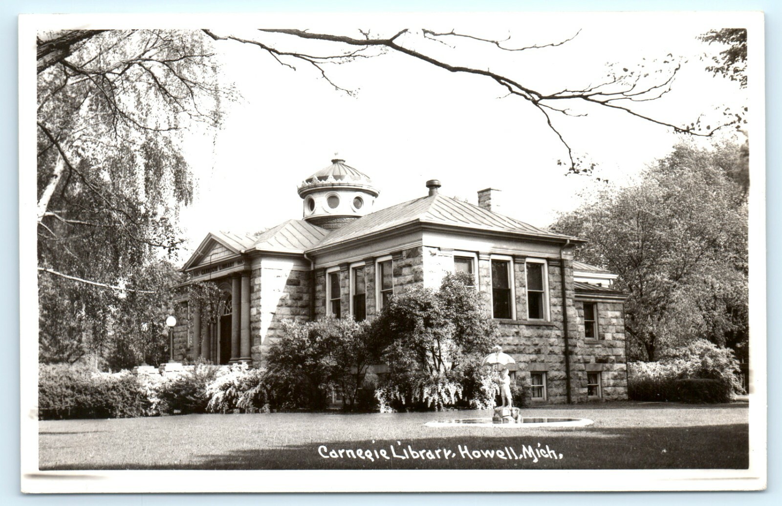 POSTCARD RPPC Carnegie Library Howell Michigan Fountain Bushes | eBay