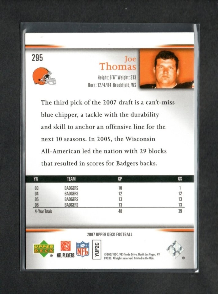 2007 Upper Deck Football Joe Thomas RC Star Rookie #295 Cleveland ...
