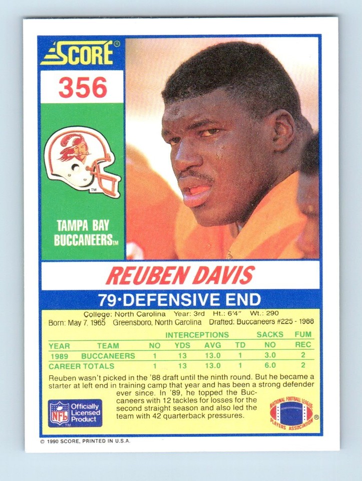 1990 Score Reuben Davis Rookie Tampa Bay Buccaneers #356 | eBay