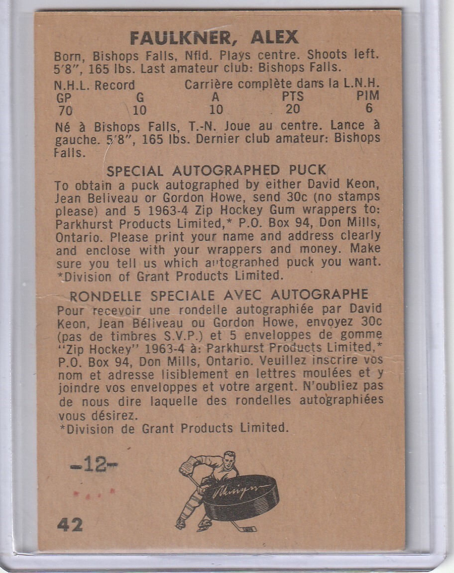 1963-64 PARKHURST #42 ALEX FAULKNER ROOKIE CARD DETROIT RED WINGS VG | eBay