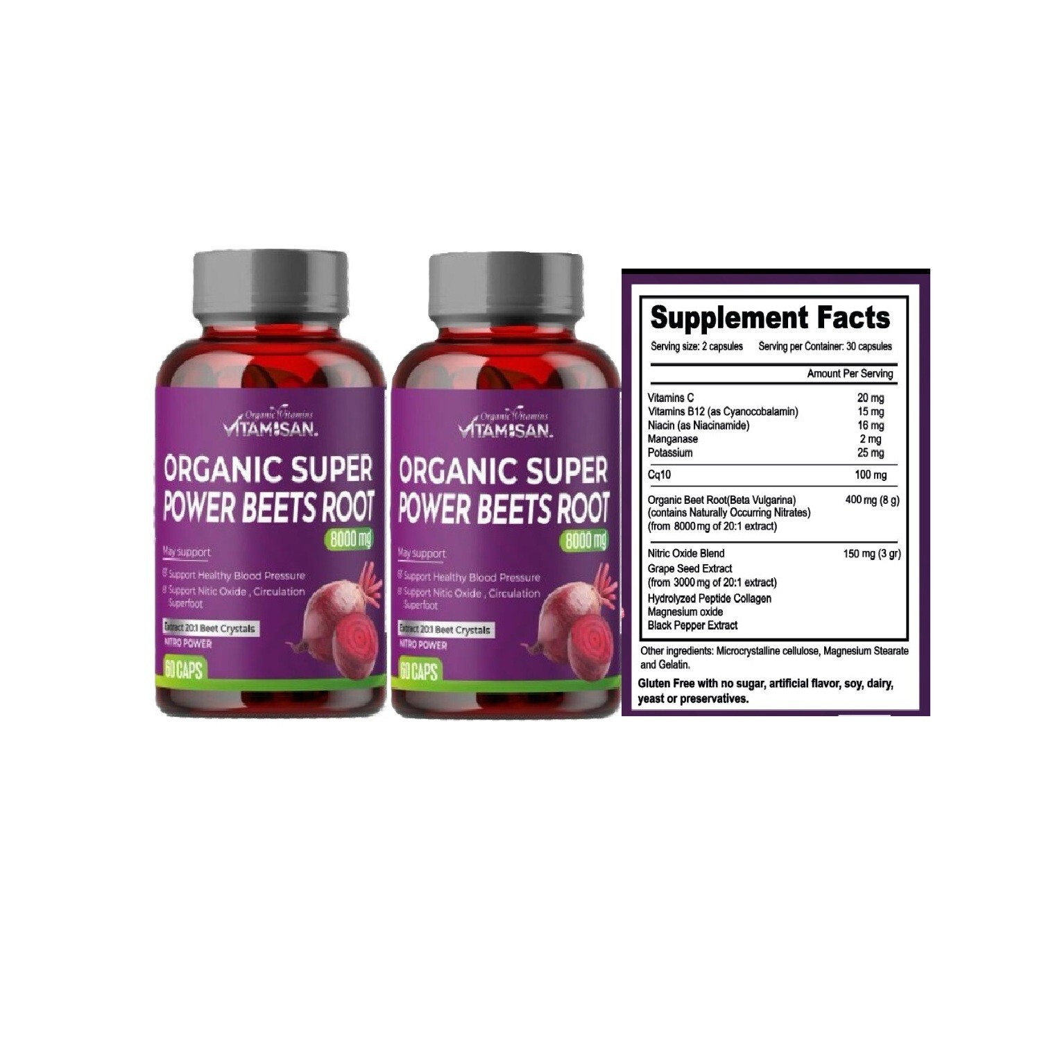 Super Beets Root 800mg-CoQ10 + Collagen - 2 Bottles - 120 Capsules USA ...