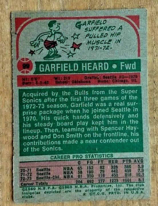 1973-74 TOPPS GARFIELD HEARD CARD#99 PHOENIX SUNS CHICAGO BULLS SONICS ...