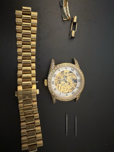 Men Croton Automatic Self Wind Skeleton Crystals Bling Gold Plated ...