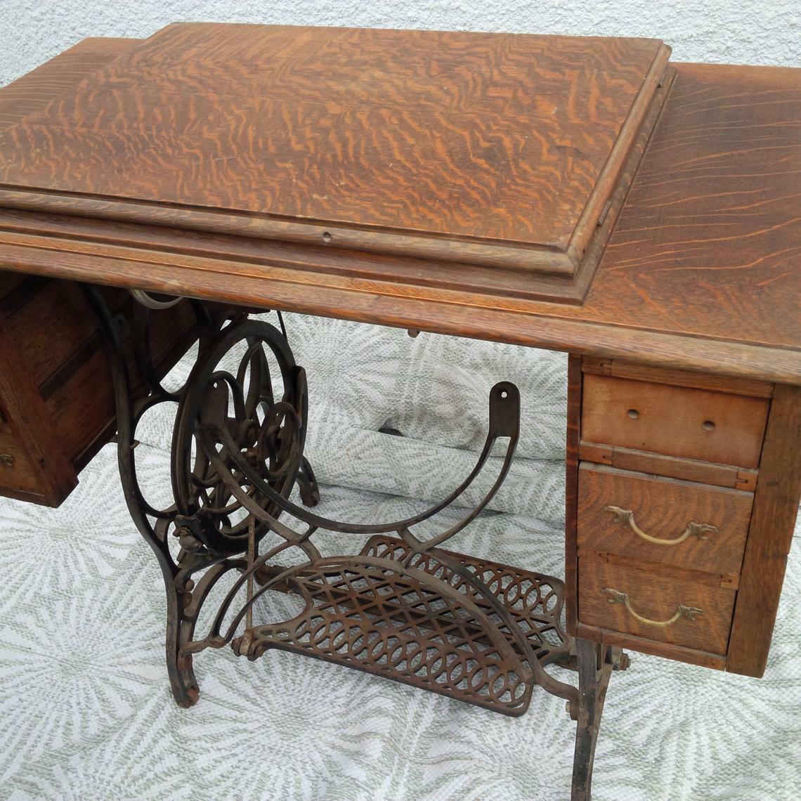 Antique Sewing Machine Wood Cabinet Table Desk Eldredge Rotary Treadle ...
