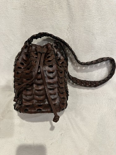 Womens Bucket Shoulder Purse Faux Leather Braided Texture Brown Granny ...