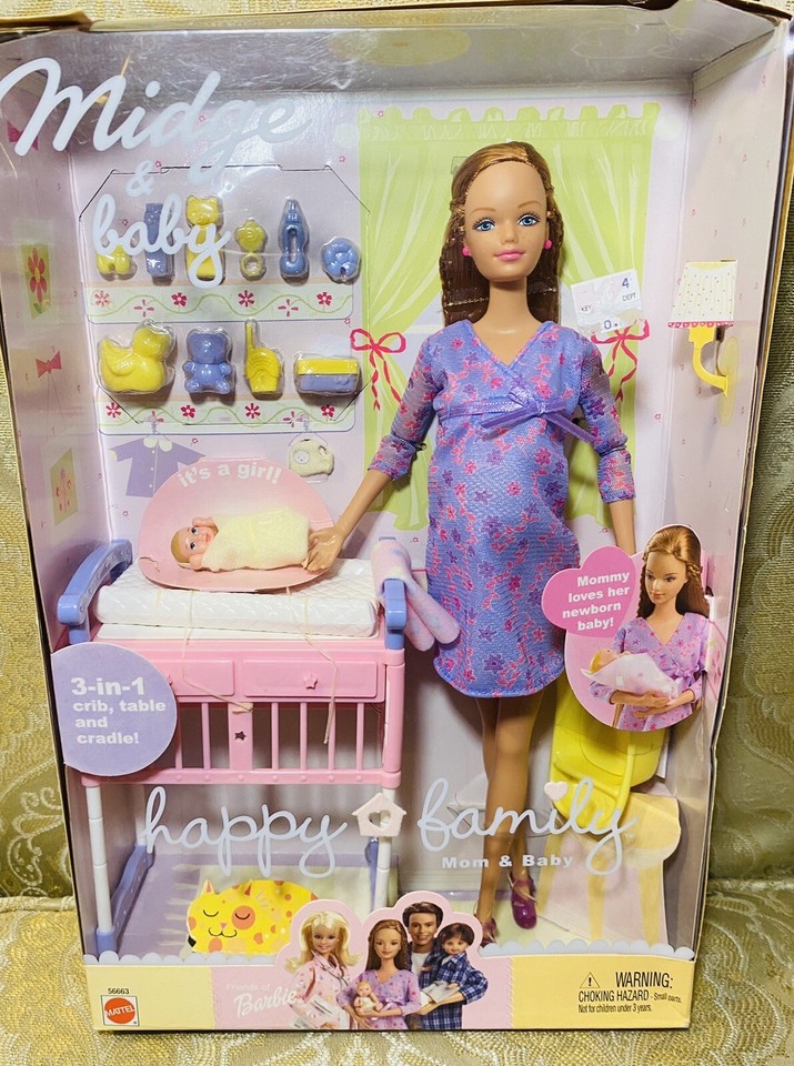 Original Barbie Happy Family Pregnant Mom Midge & Baby W/Crib 2002 ...
