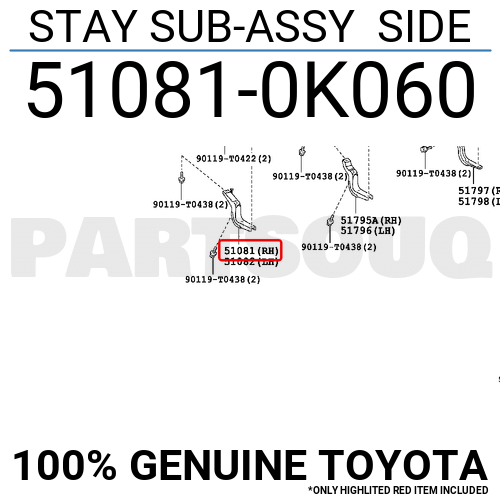 510810K060 Genuine Toyota STAY SUB-ASSY SIDE 51081-0K060 | eBay
