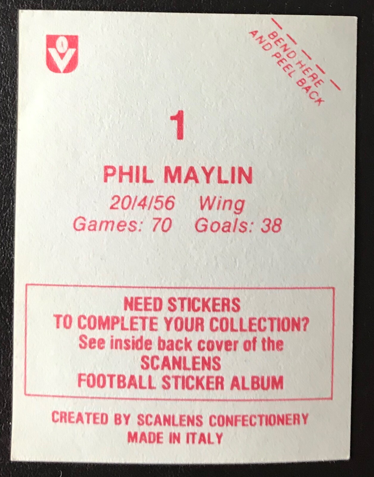 1983 Scanlens VFL Sticker Phil Maylin Carlton No. 1/172 Excellent ...