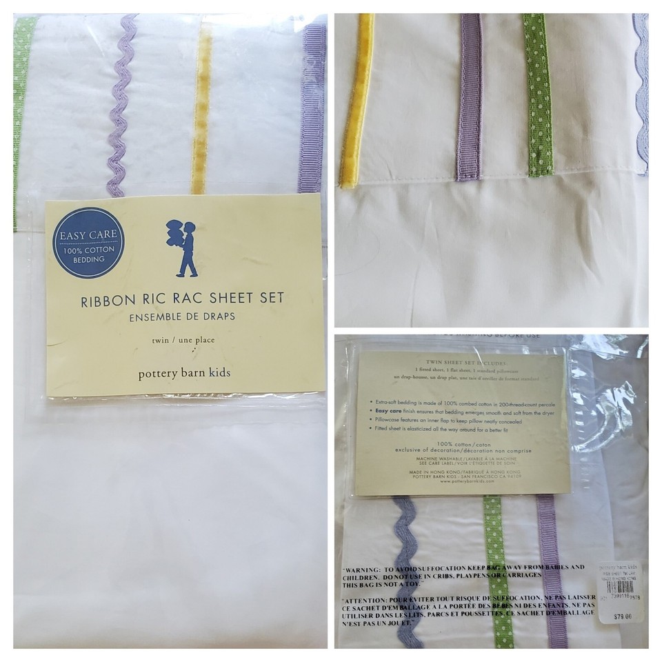 Pottery Barn Kids NEW Ribbon RIC RAC Twin SHEETS girl Lavender Purple ...