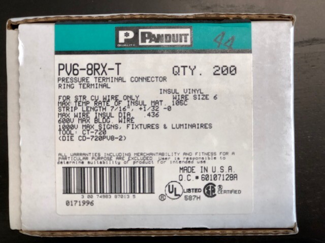 Panduit PV6-8RX-T Pressure Terminal Connector Ring 10 Pcs/Set Wire Size ...