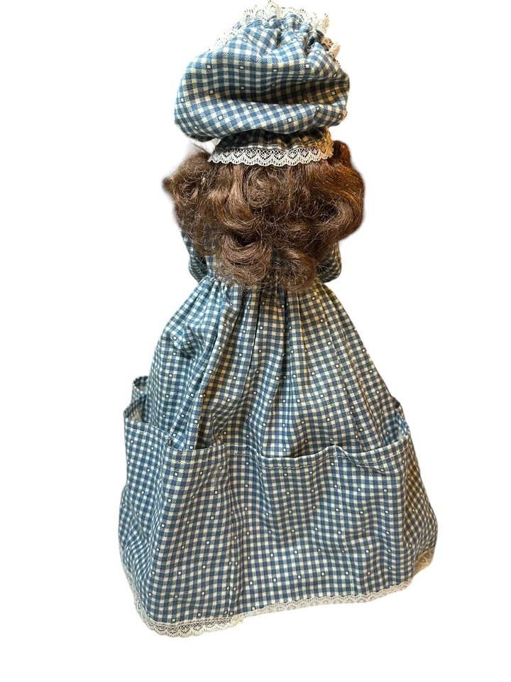 Vintage Napkin Holder Doll 15” Handmade Blue Gingham Dress Bonnet ...