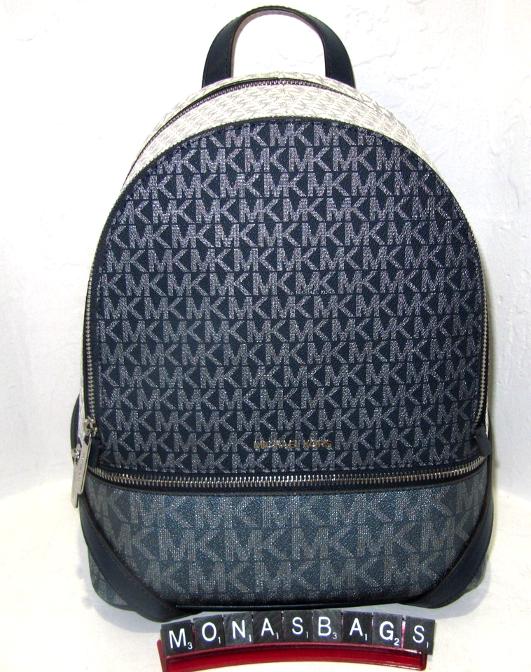 Michael Kors Rhea Medium Metallic Signature MK Logo Backpack Navy Blue ...