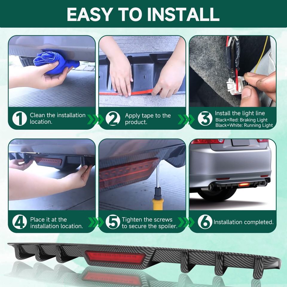 Carbon Fiber Rear Bumper Diffuser Lip w/LED Tail Brake Light For ...