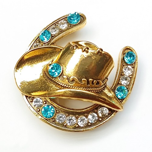Brooch West Cowboy Hat Gold Blue Sparkle Unisex Men Suit Pin | eBay