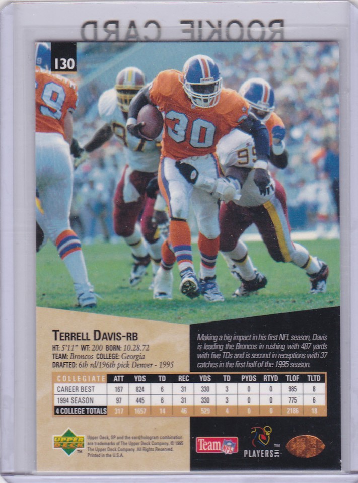 TERRELL DAVIS 1995 Upper Deck SP DENVER BRONCOS ROOKIE CARD Football RC ...