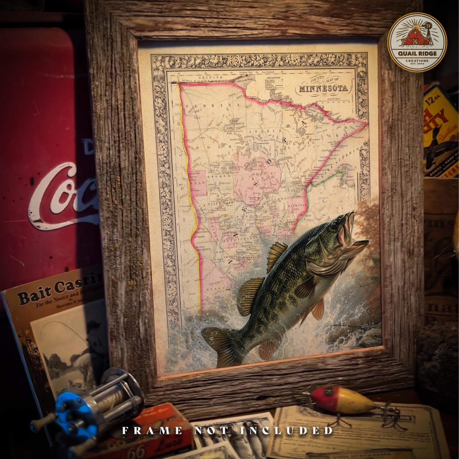 Largemouth Bass Minnesota State Map Art Print Vintage Fishing Lures ...