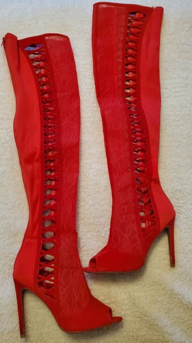 AMI CLUBWEAR Red Lacy Cut-Out Thigh High TALL SEXY Stiletto Heel Boots ...