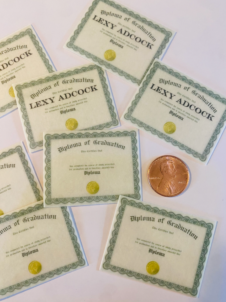 Set of 12 Mini edible diplomas for desserts, add name, pre cut, 1.35"x1 ...
