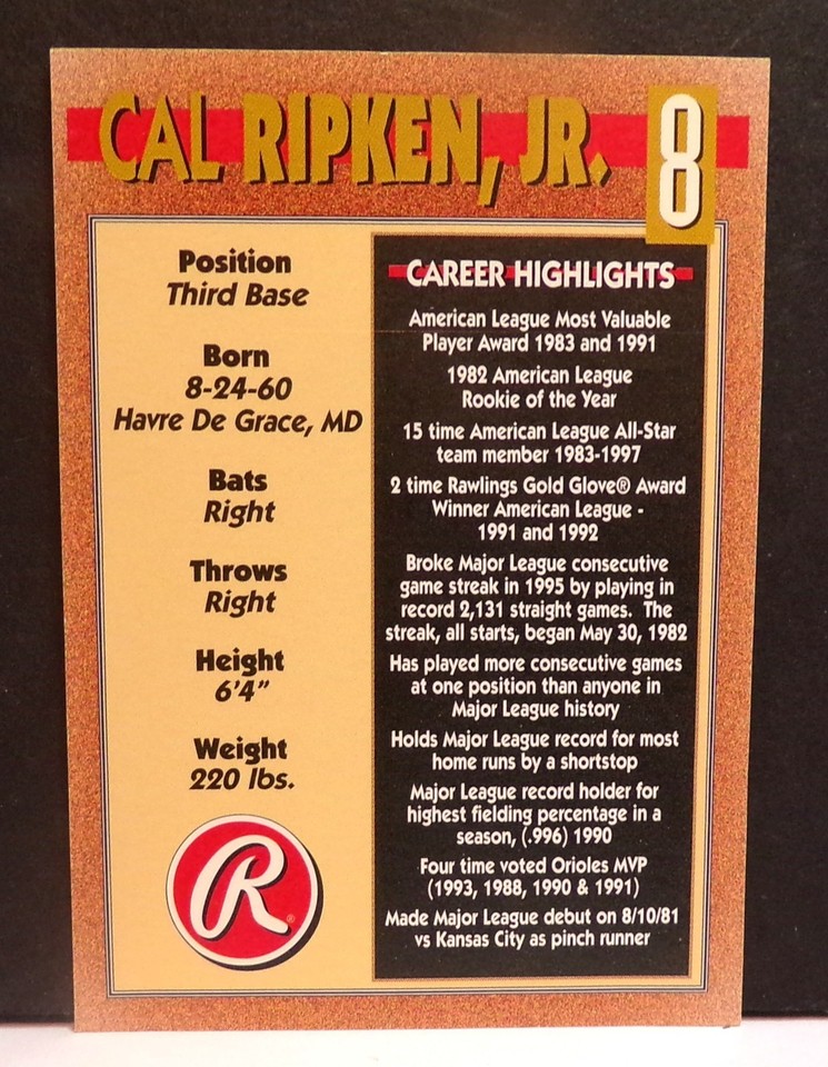 1998 RAWLINGS BASEBALL CARD NRMT OR BETTER CAL RIPKEN JR Baltimore ...