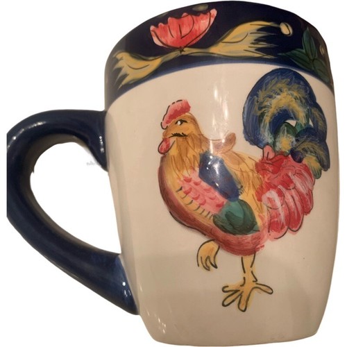 222 Fifth Regal Rooster Blue Stoneware Hand Painted Coffee Mug Cup 14 ...