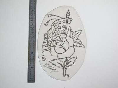vtg 1960s 1970s Tattoo Flash acetate stencil Flag and Rose signed MIL1 ...
