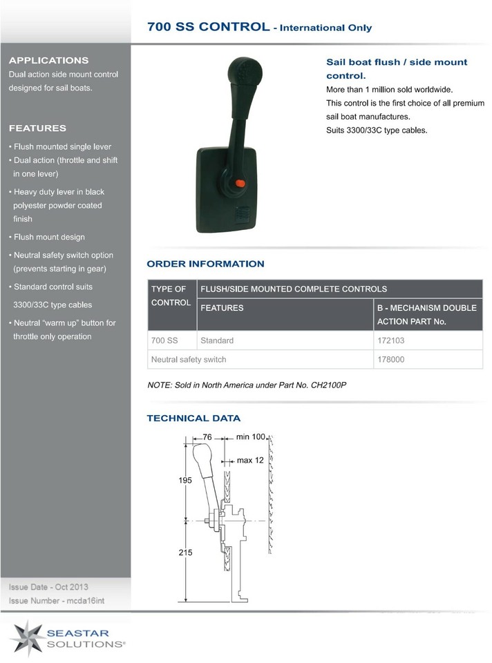 SeaStar Solutions CH2100P Sailboat Engine Shift Throttle Control - Side ...