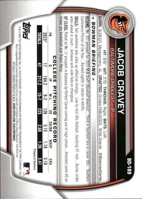 2023 Bowman Draft Jacob Cravey #BD-189 Baltimore Orioles | eBay