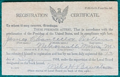 WW1 Draft Registration Certificate Card USA Military 1918 Nelsonville ...