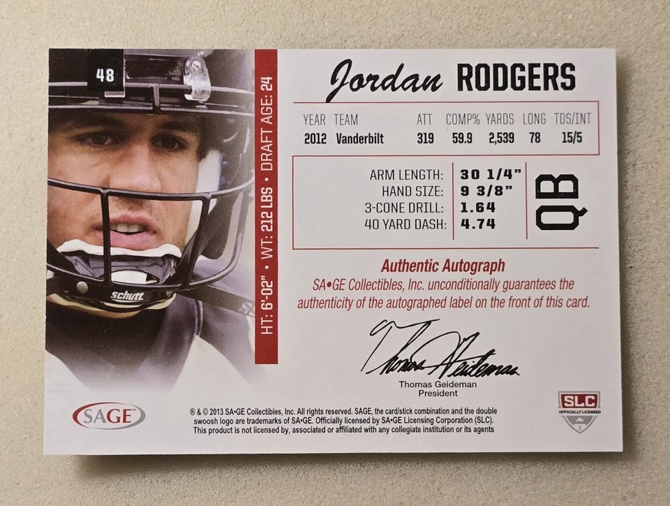 2013 Sage JORDAN RODGERS #48 Rookie RC Auto Autograph Vanderbilt ...