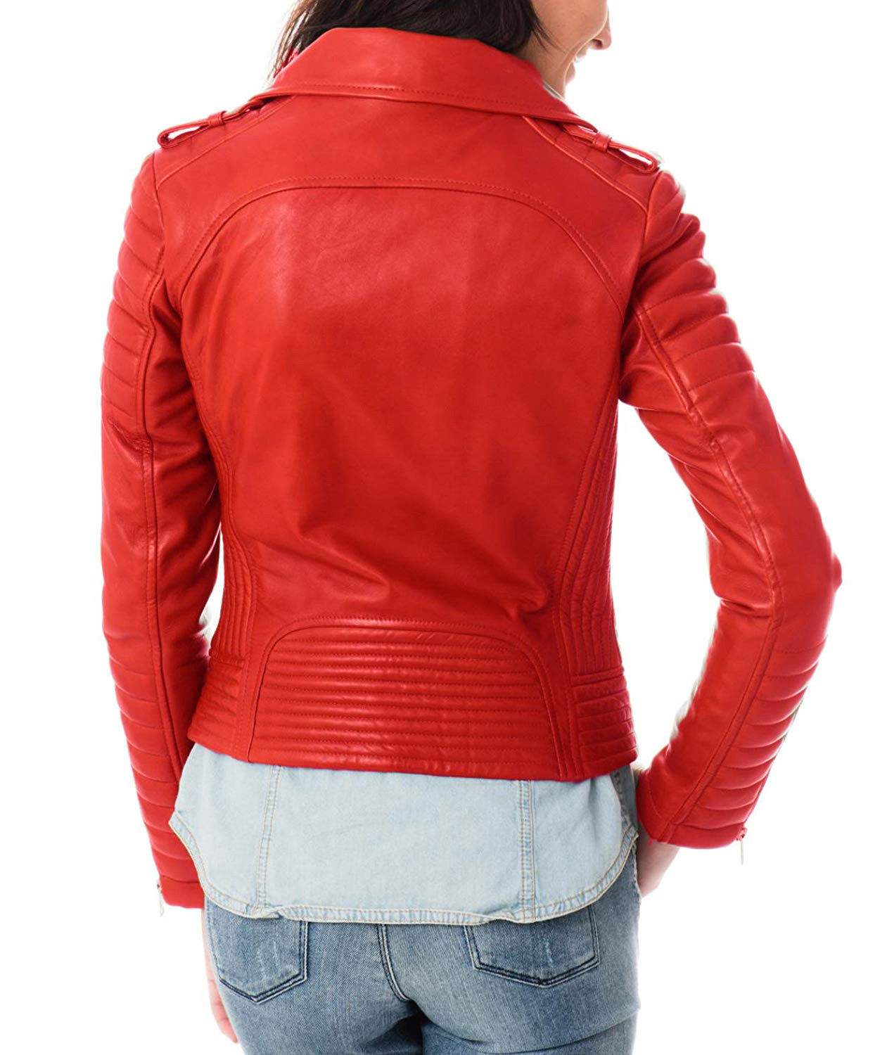 Women's Genuine Lambskin Leather Red Biker Motorcycle Jacket Lady ...