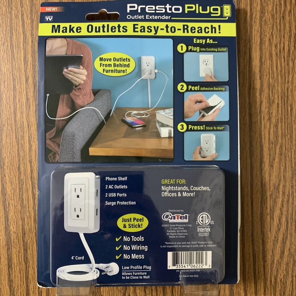 Presto Plug Wall Outlet Extender 4 ft Cord Peel & Stick As Seen On TV 2 ...