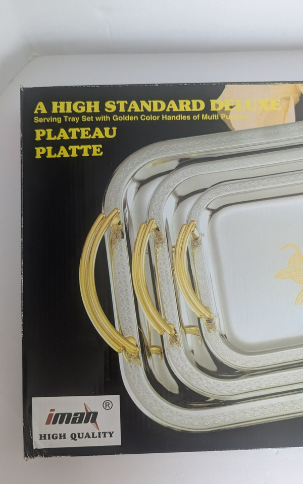 New Iman Set of 3 Serving Metal Silver Tone Trays Gold Tone Handles ...