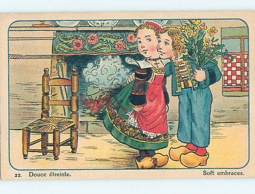 Unused Pre-Linen foreign GIRL GETS KISS ON CHEEK FROM BOY HOLDING FLOWERS J5190 | eBay